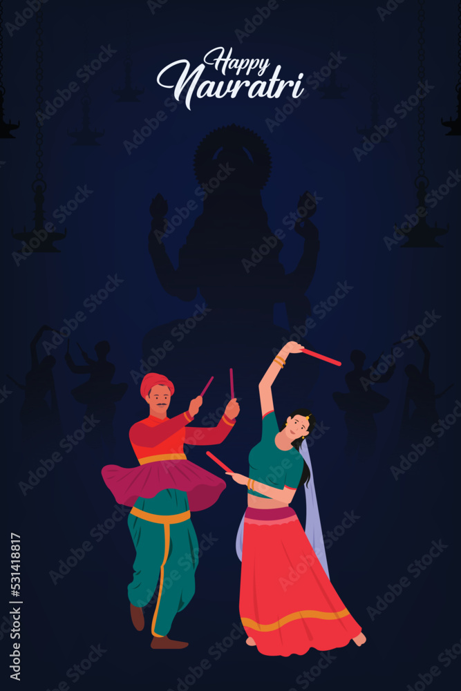 Happy Navratri Text with vector illustration of Woman and Man playing ...