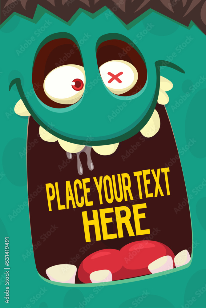 Cartoon monster face with funny expression opened mouth blank space ...