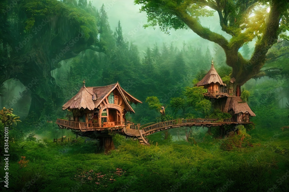 Fantasy tree house. Fairytale fantasy landscape, tree house. 3d-render ...