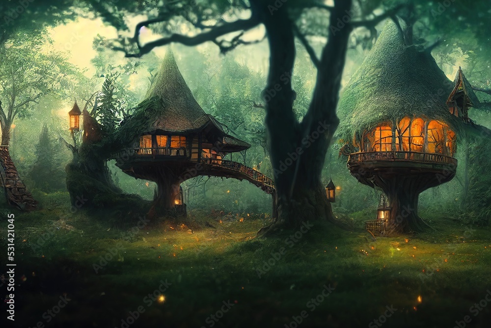 Fantasy tree house. Fairytale fantasy landscape, tree house. 3d-render ...