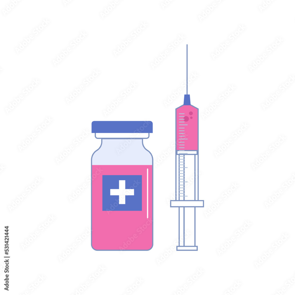 Covid vaccination, isolated substance in bottle and syringe for ...