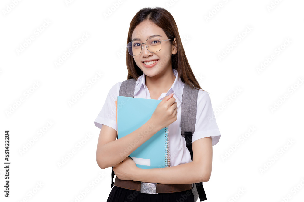 Portrait smiling of teen student girl of Asian ethnicity in university ...