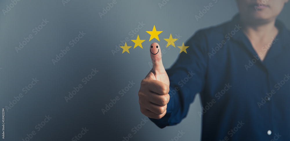 Hand with thumb up positive emotion smiley face icon and 5 star with ...