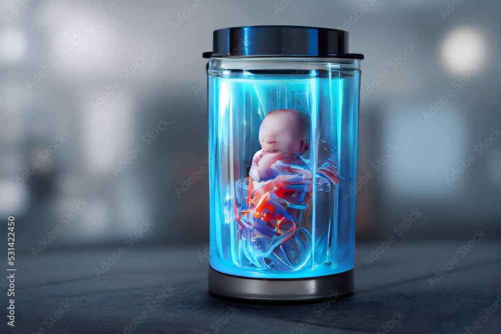 human baby embyo inside blue incubator breeding tank, ectogenesis ...