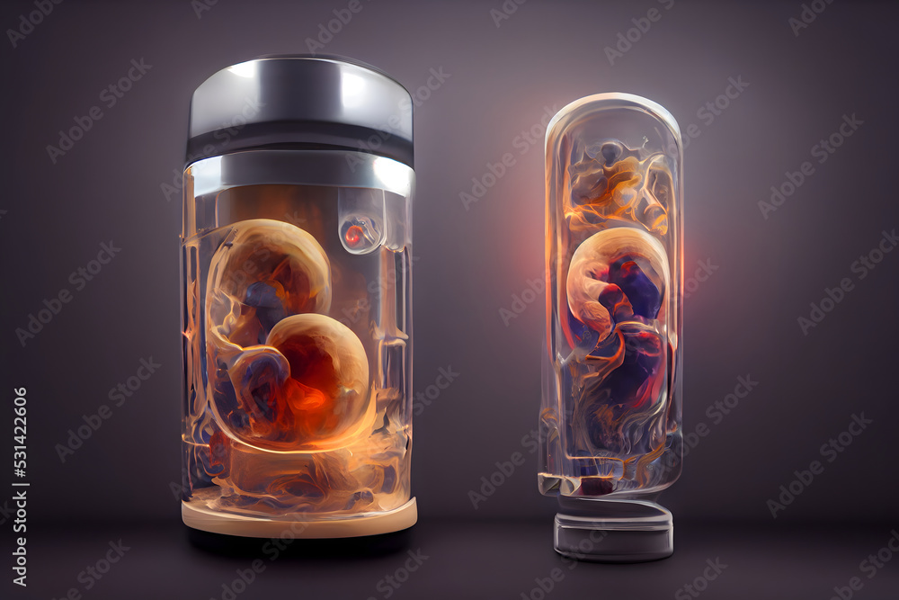 human baby embyo inside incubator breeding tank on gray background ...