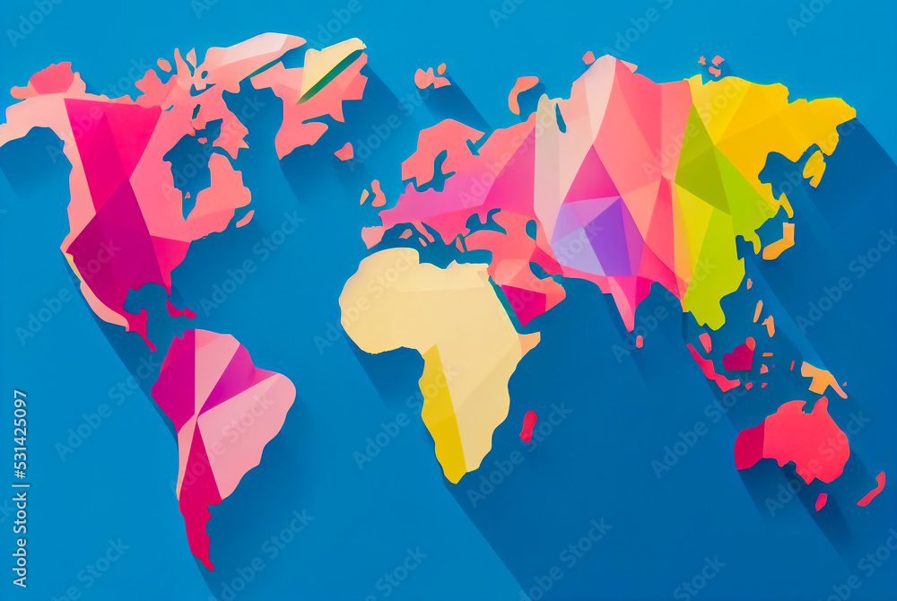 Colorful world map made of straight lines and colored areas, sky blue ...