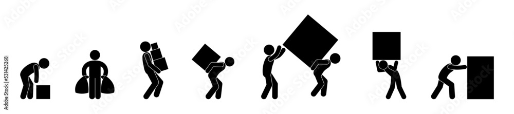man carries box, loader icon set, stick figure human silhouette Stock ...