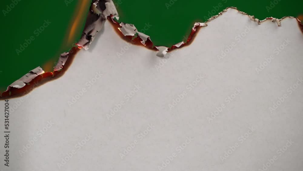 White paper burns from above on a green background copy space. The ...