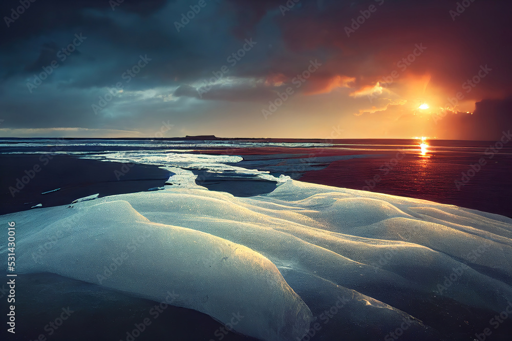 Beautiful ice sea shore at sunset with snowy coastline, digital ...