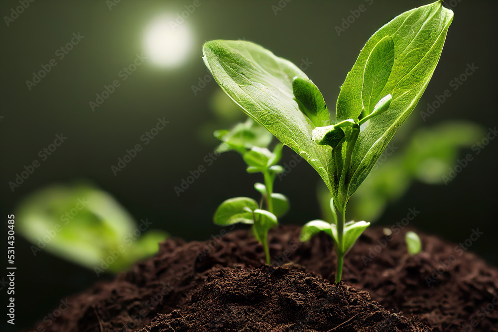 Little green seedling growing from a pile of earth, abstract ...