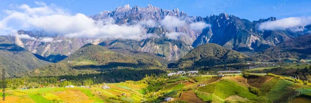 aerial view of Kundasang Sabah landscape with cabbage farm and Mount ...