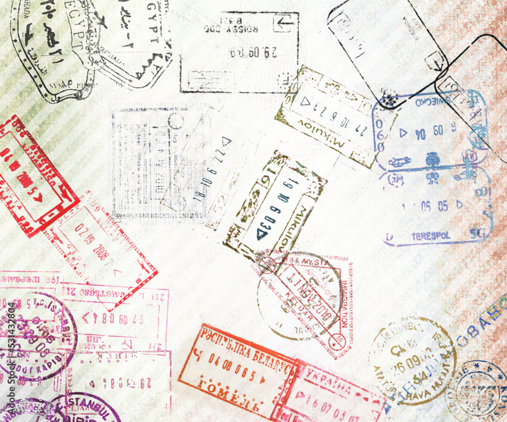 Travel background with different passport stamps Stock Photo | Adobe Stock