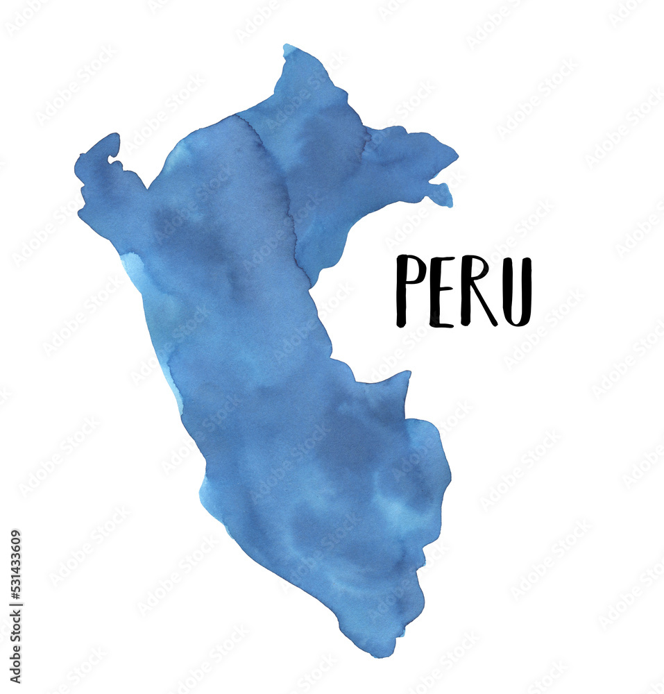 Peru Map watercolour illustration with artistic brush strokes and blue ...