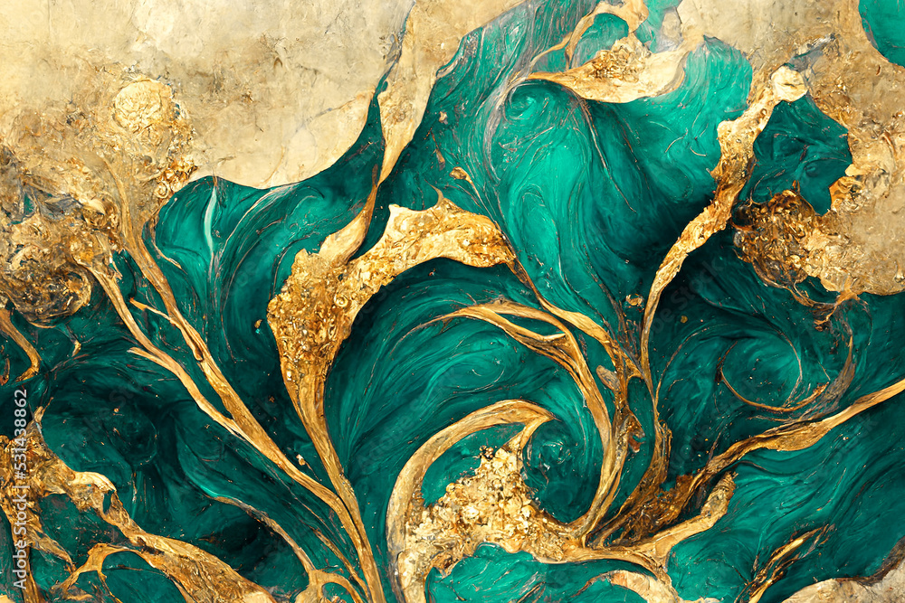 Spectacular realistic abstract backdrop of a whirlpool of teal and gold ...