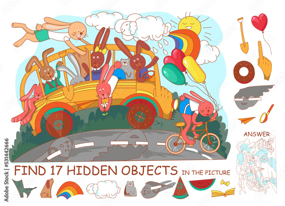 Bunnies travel by bus and bike. Find the hidden objects. Funny rabbits adventures. Puzzle ...