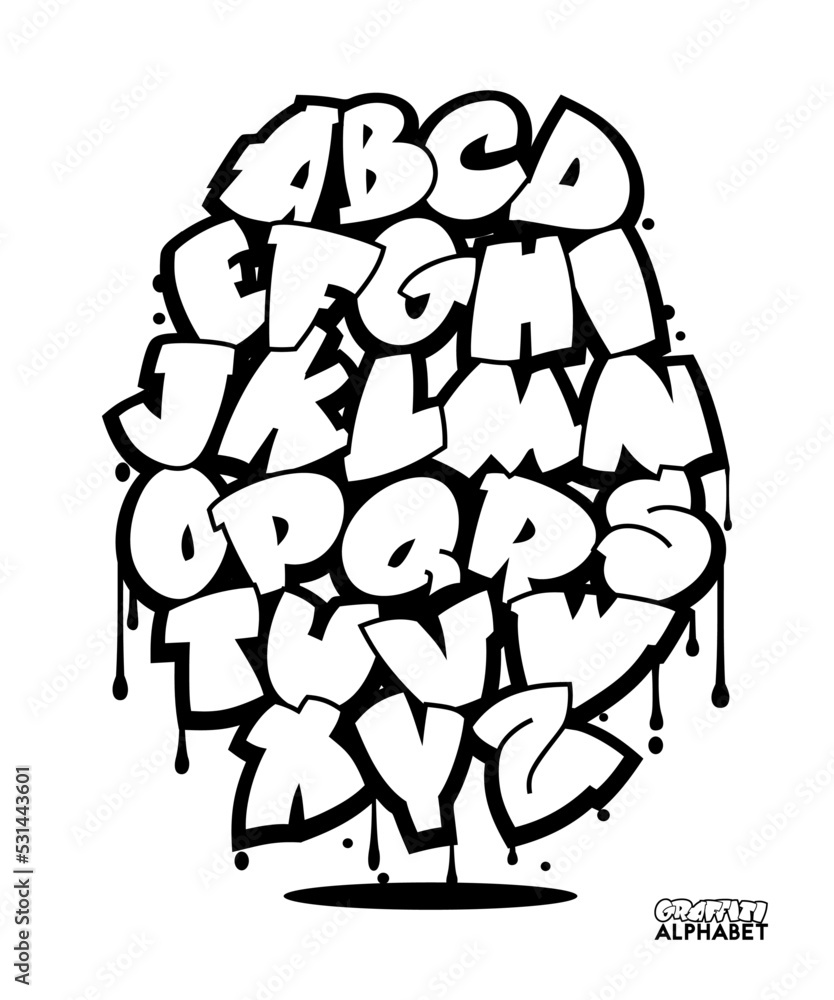 Graffiti alphabet. Comic style hand drawn font isolated on white ...