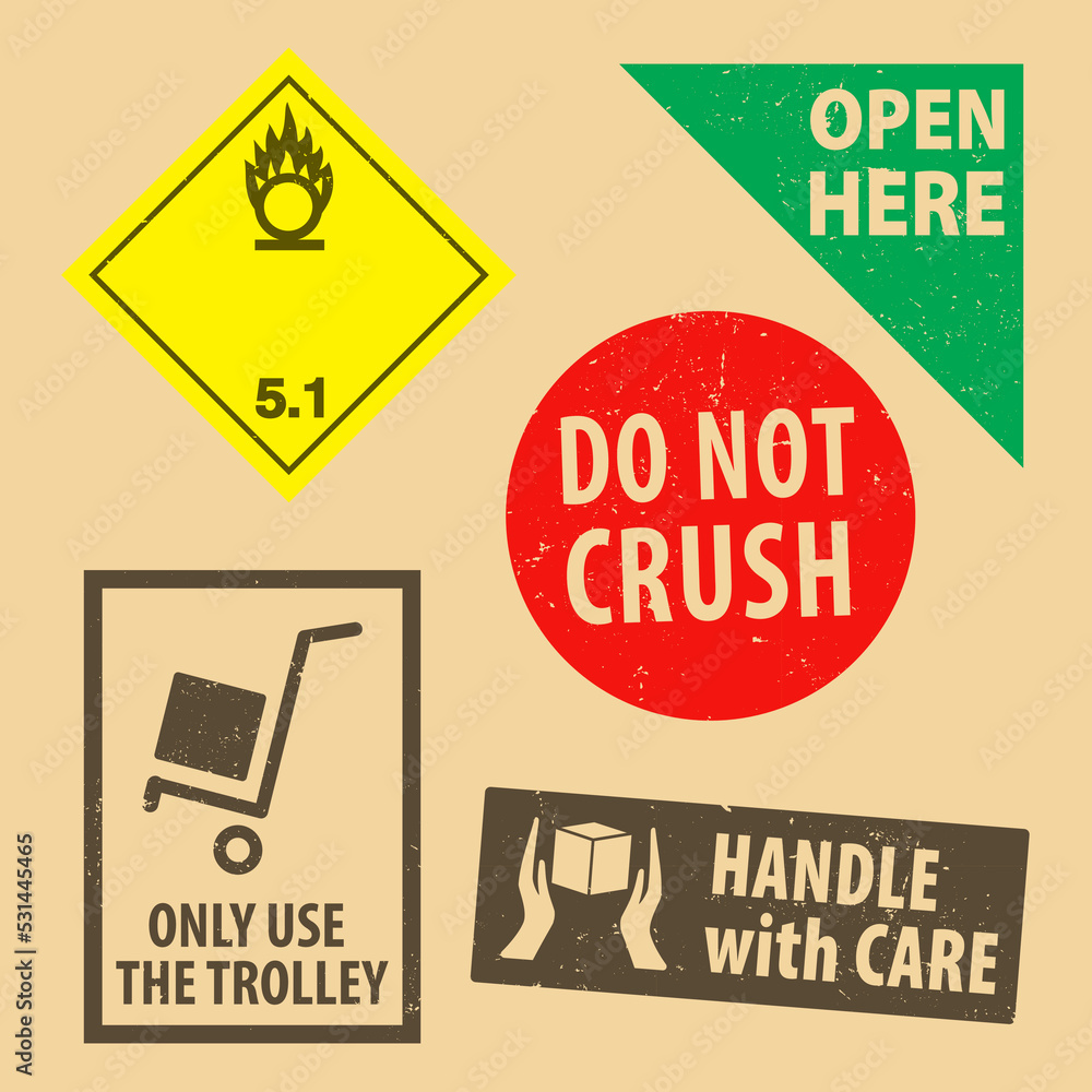 Set of fragile sticker do not crush and case icon packaging symbols sign, open here and handle ...