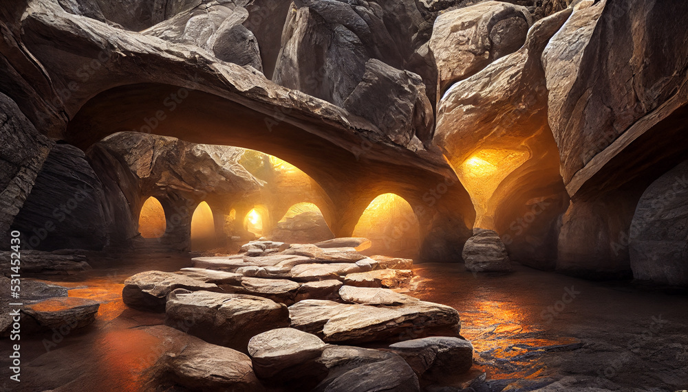 Ultra realistic rocky caves stone bridge ways halls pathway with ...