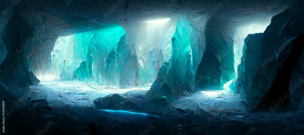 3D illustration. Futuristic sci-fi cave with cyan crystals lights CG ...