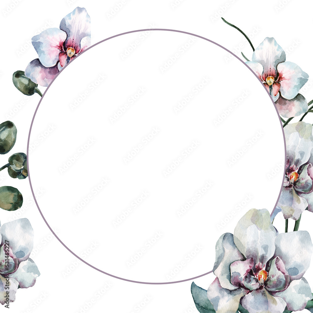Floral frame of white orchids, round shape. Delicate exotic bouquet ...