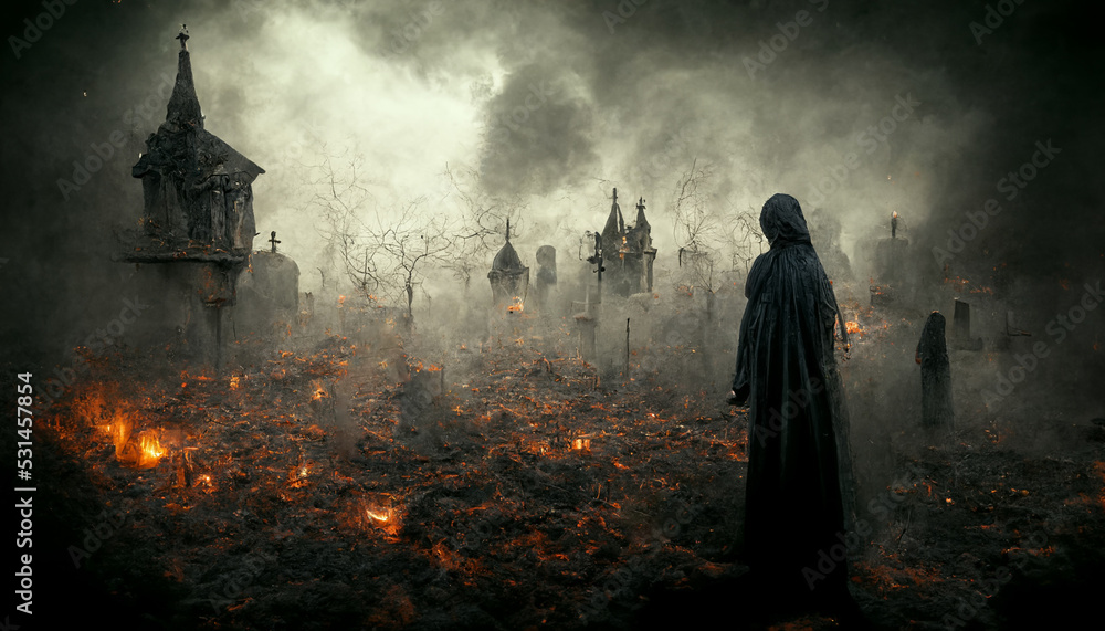 Grim reaper with haunted, creepy graveyard.Digital art Stock ...
