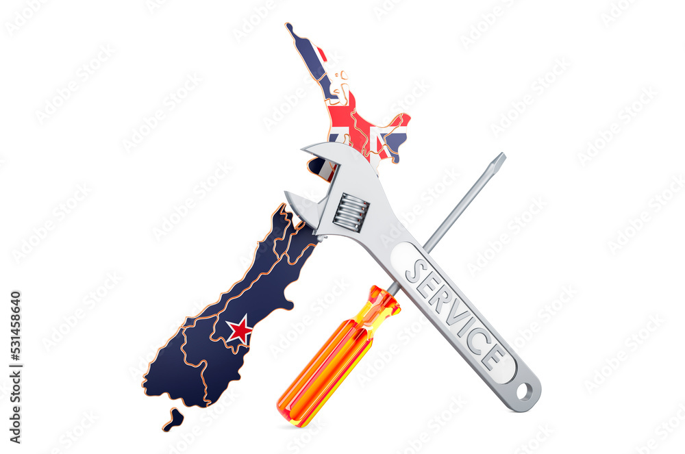 New Zealand map with screwdriver and wrench, 3D rendering Stock ...