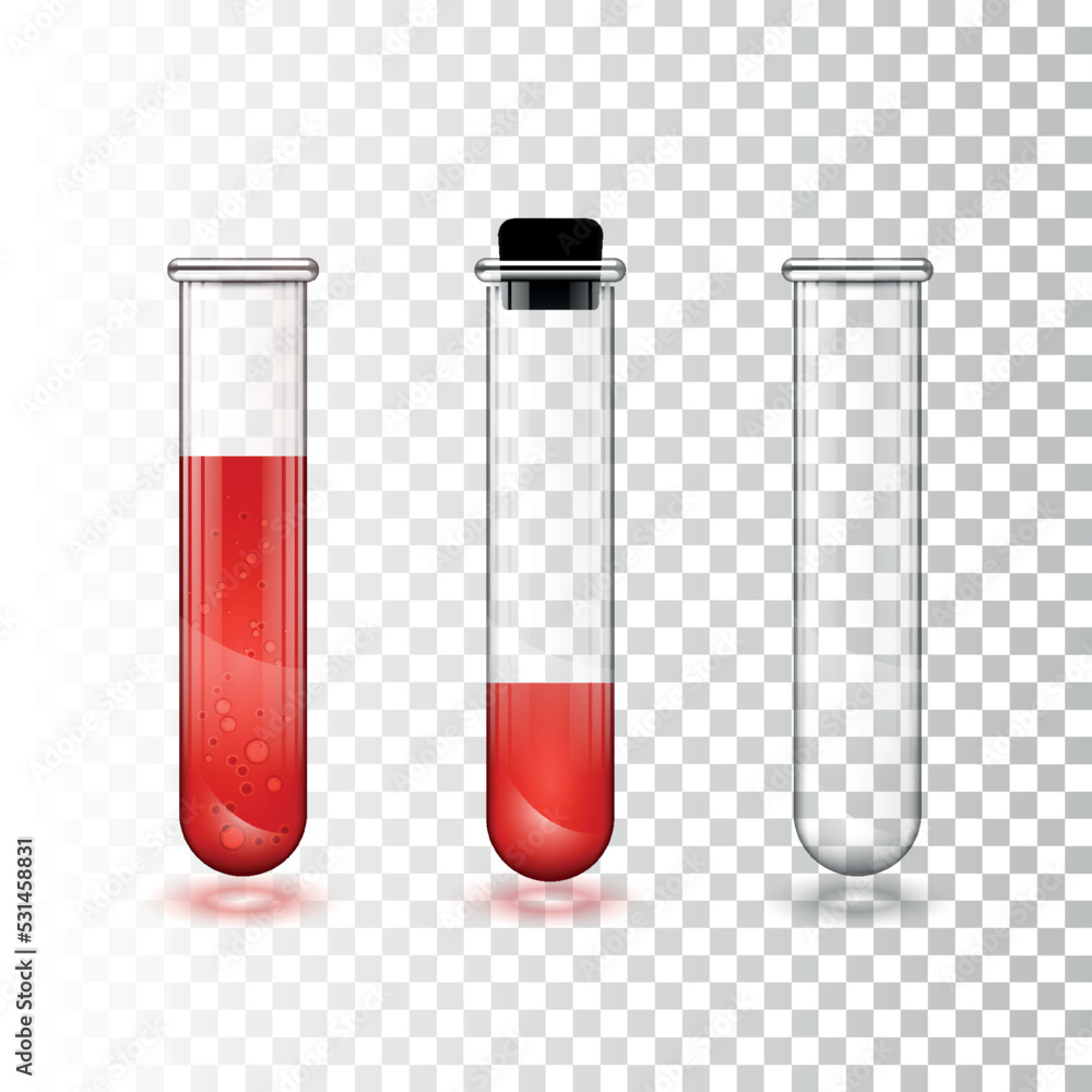 3 test tubes, empty, filled with red liquid, blood. Chemical reagent ...