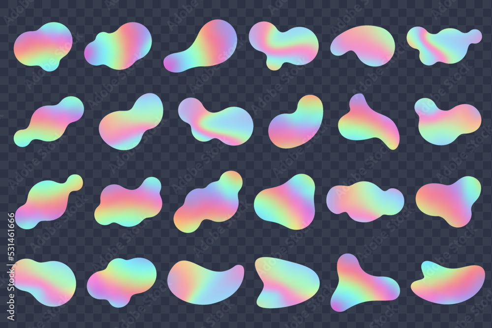 Blob shapes with holographic gradient. Organic rainbow amoeba blobs ...