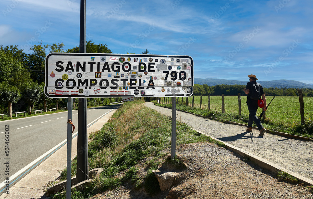 a pilgrim walks next to a road sign indicating the distance between ...