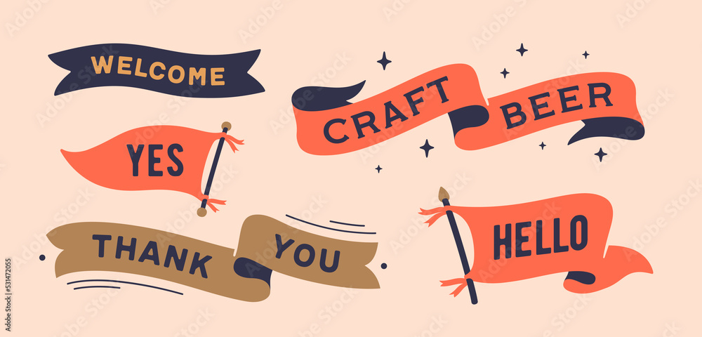 Set vintage graphic. Ribbon, flag, board with text Welcome, Craft Beer ...