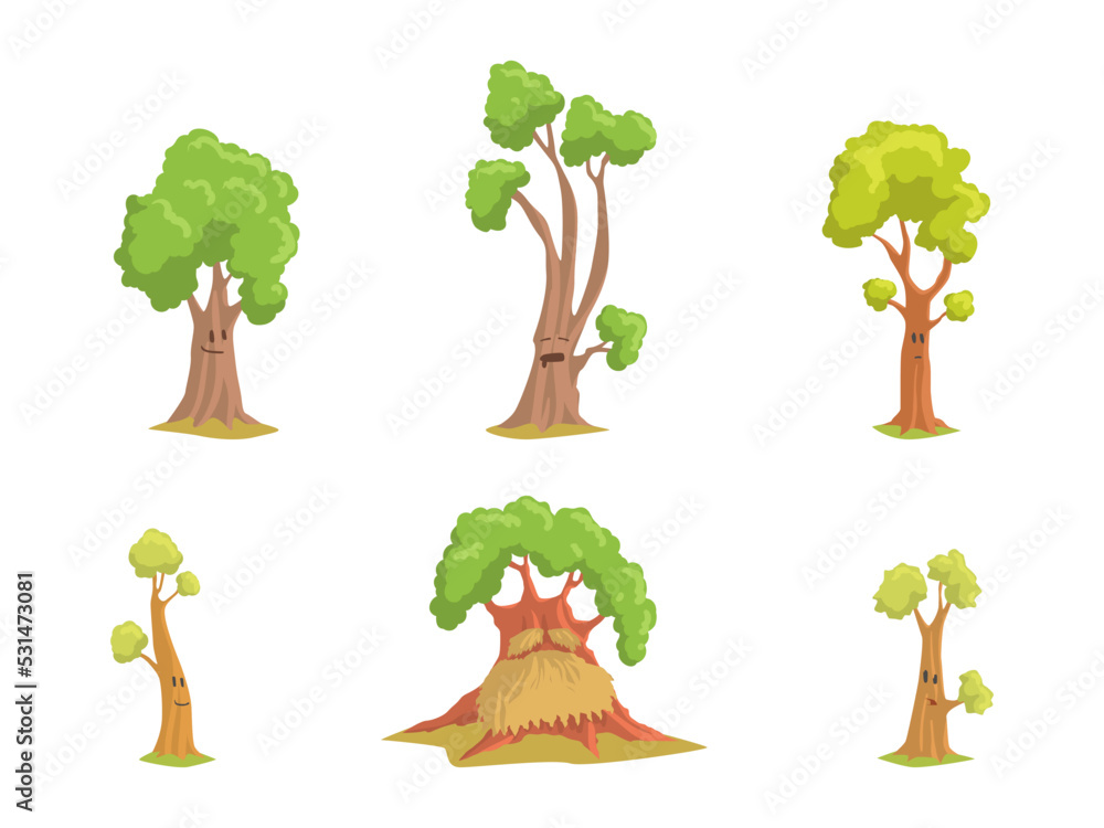 Set of funny tree characters. Summer trees with funny faces cartoon ...