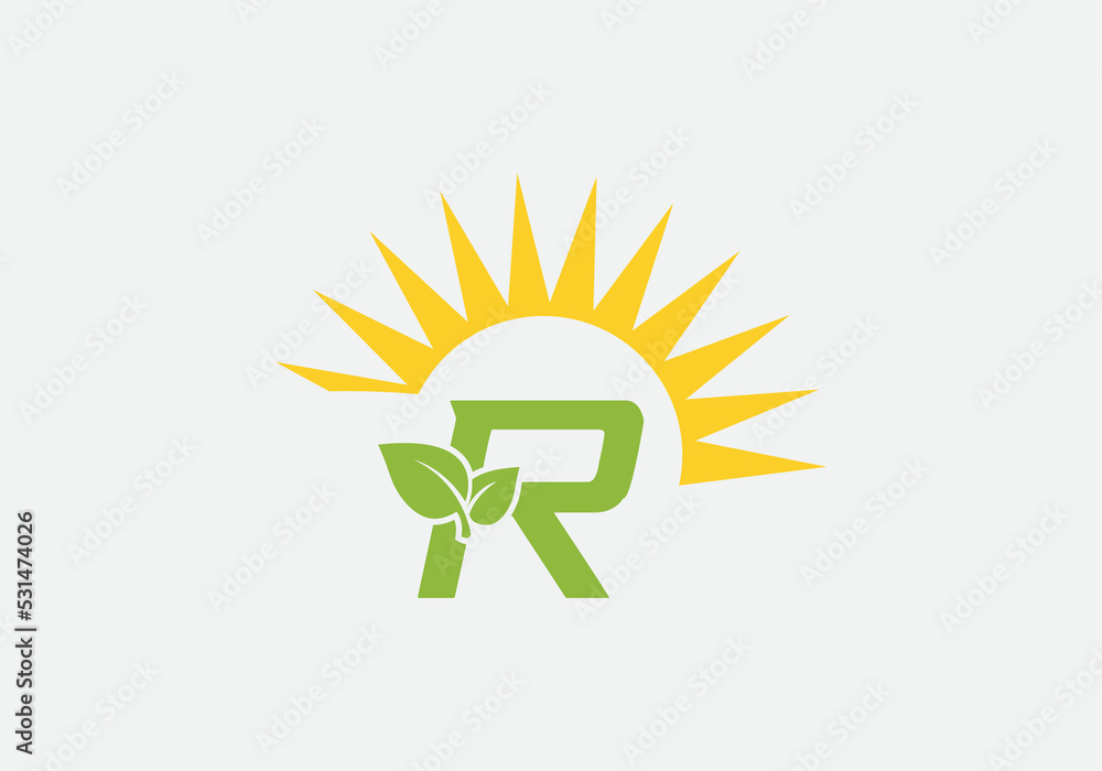 Eco solar logo vector and green energy sun vector letter R Stock ...