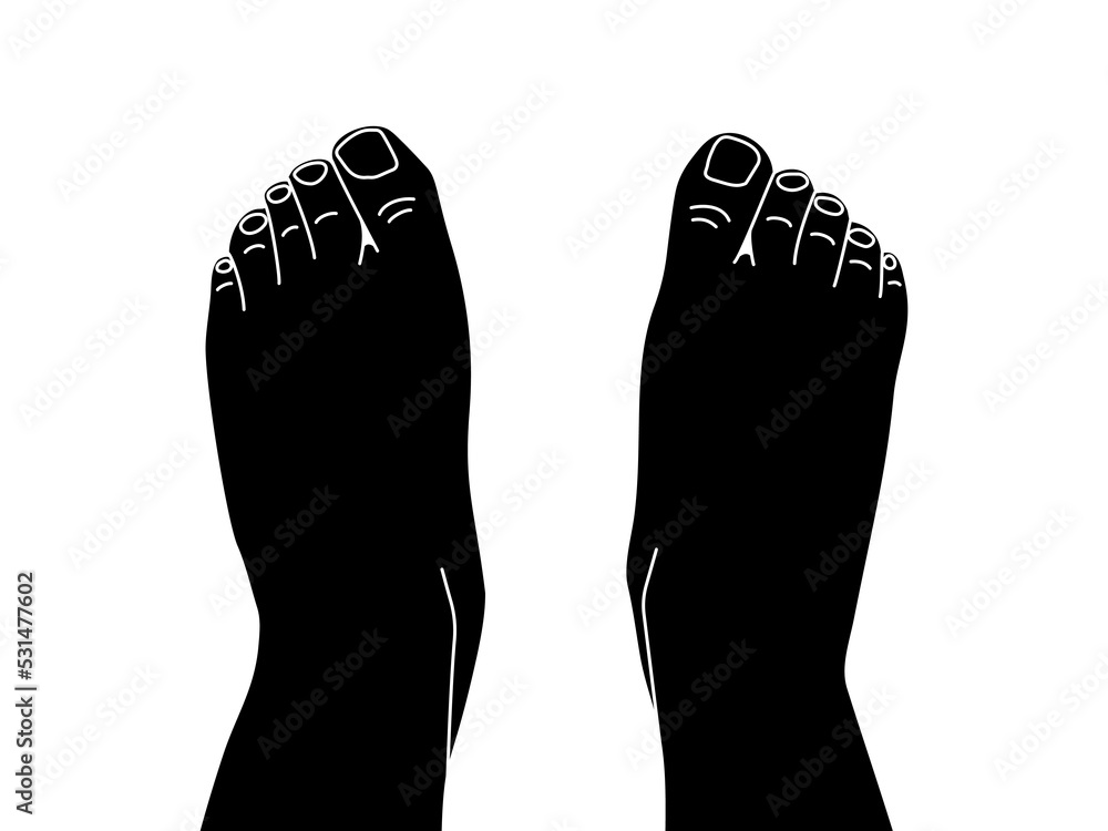 Top view of two black bare human feet. Foot legs. Vector flat ...