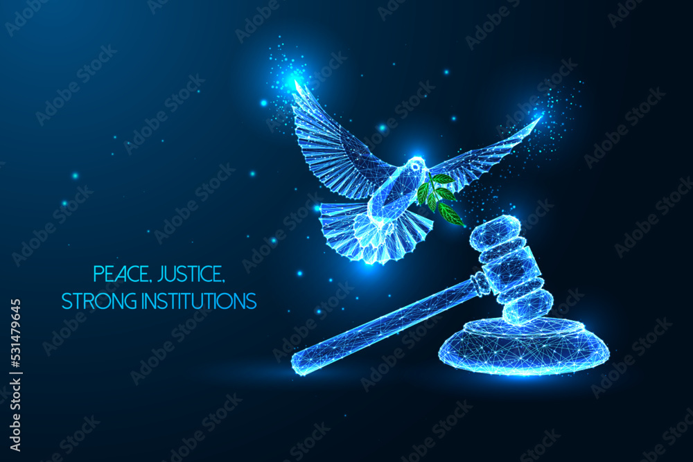 Peace, justice, strong institutions as part of Sustainable development goals with dove and gavel ...