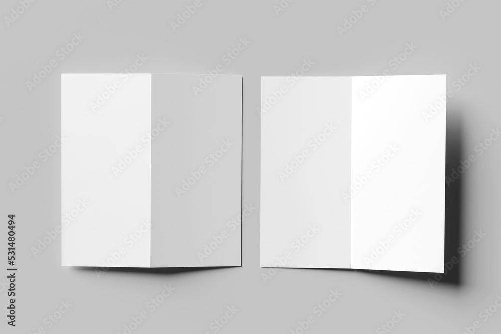 Bi fold or Vertical half fold brochure mock up isolated on soft gray ...