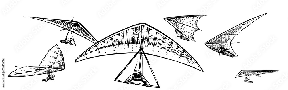 Set of flying hang gliders. Hand drawn outline sketch. Isolated on ...