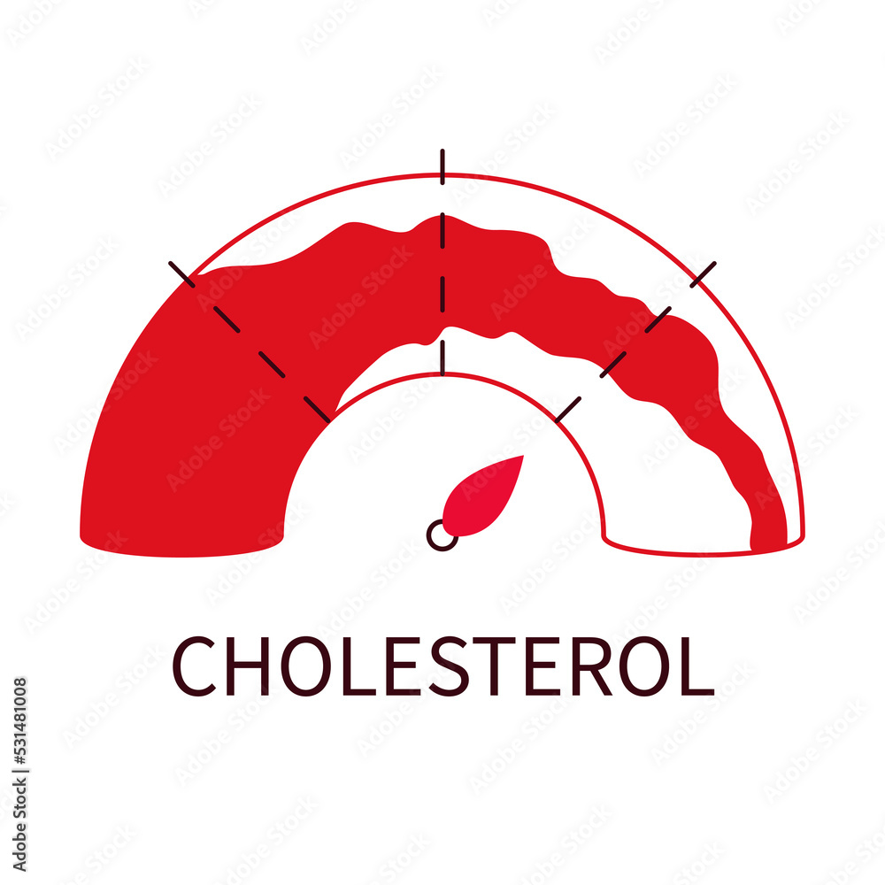 Cholesterol level on narrowed blood vessel medical diagram. Meter gauge ...
