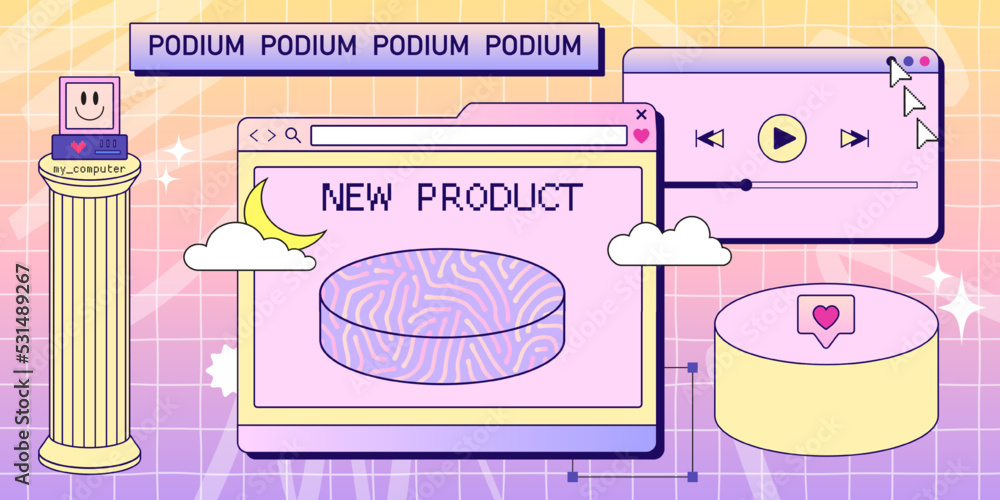 Retro browser computer window in 90s vaporwave style with podium for new product. Retrowave pc ...