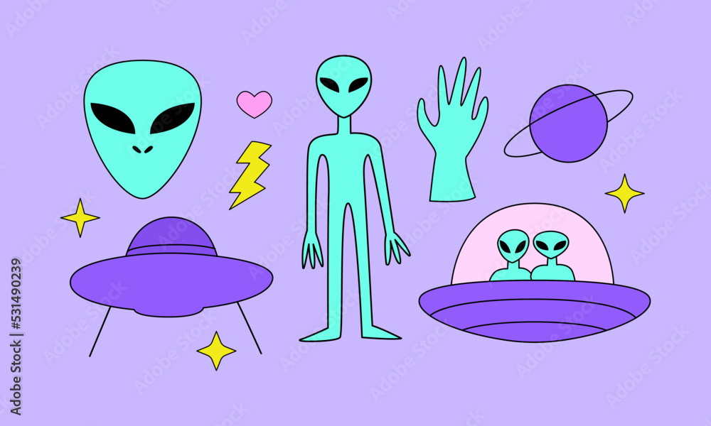 Vetor de Set of cute psychedelic objects in y2k, 90s, 00s style. Alien ...