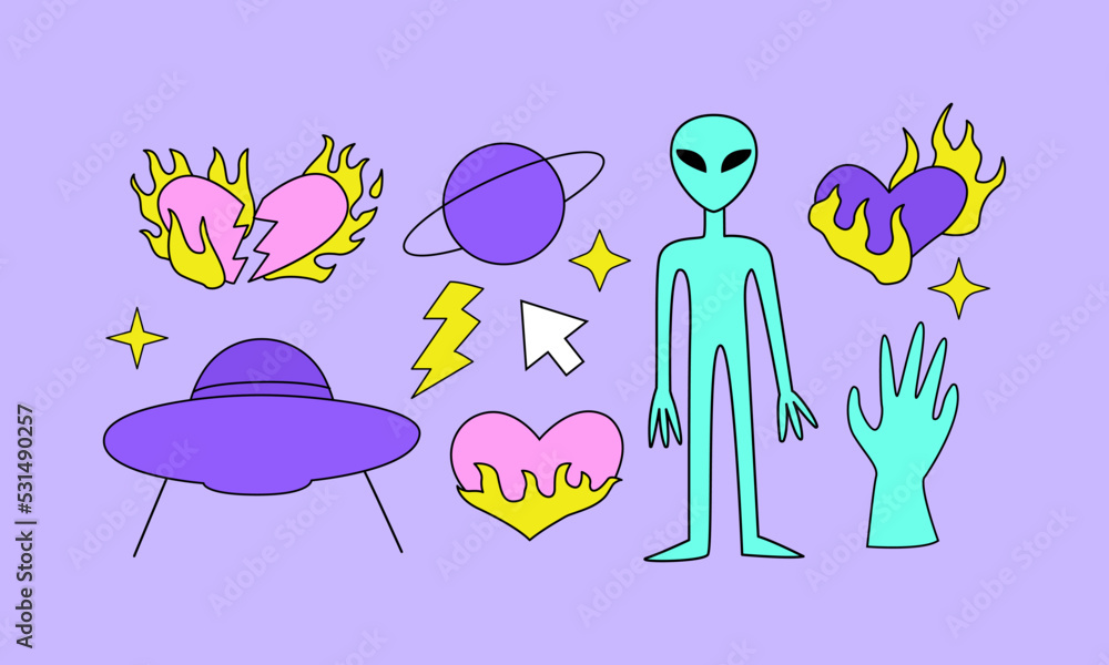 Set of cute psychedelic objects in y2k, 90s, 00s style. Alien, hand ...