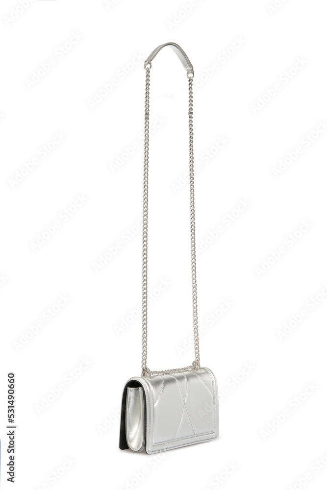 Women's metallic grey glossy Leather bag Handbag with long chain strap ...