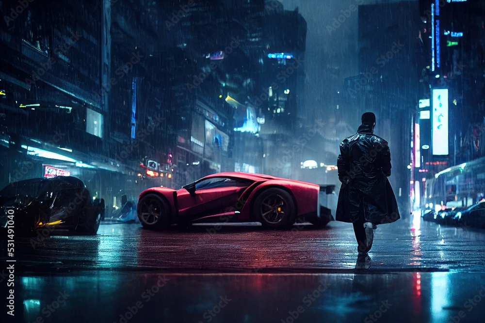 A futuristic neon city. A man in a raincoat walks down the street of ...