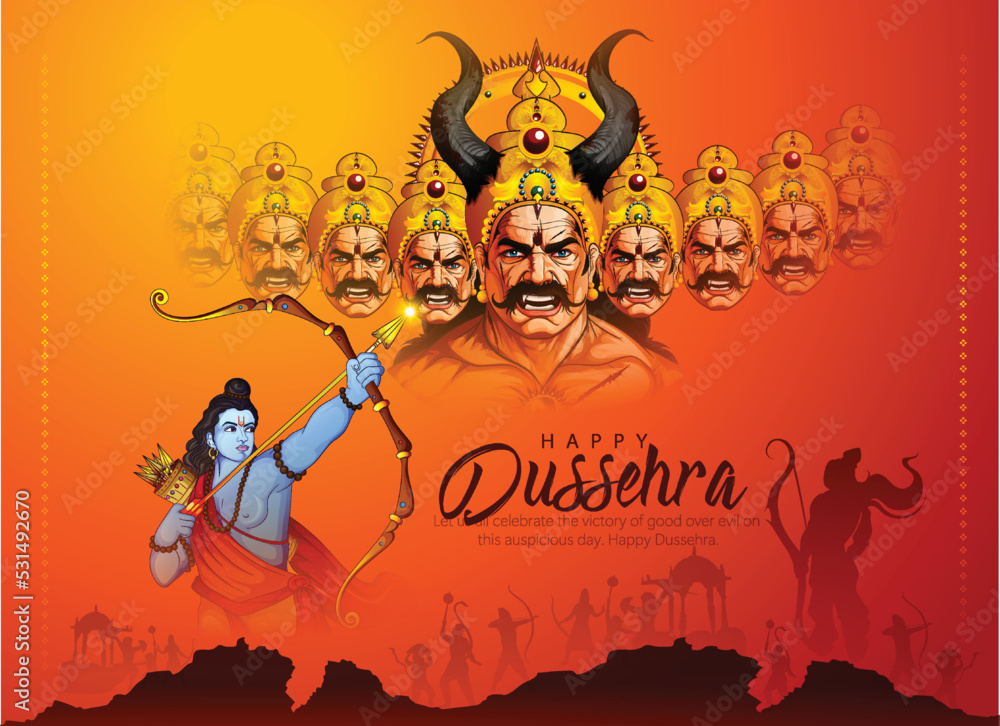 Happy Dussehra, illustration of Bow and Arrow of Rama, killing Ravana ...