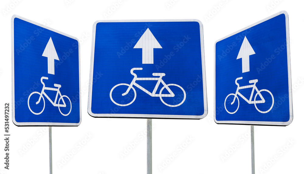 Set of 3 three traffic signs bicycle lane straight, left, right. No way ...