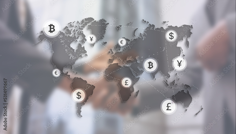 world map close up photo with currency icon - hand shaking Stock ...