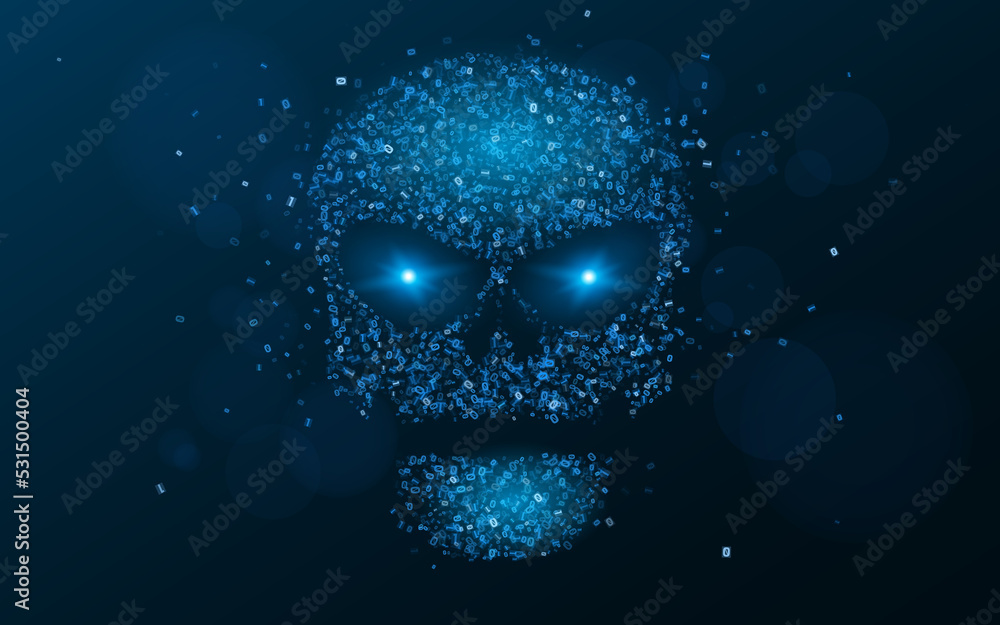 Hacking system. An abstract, luminous skull of blue color from a binary code. The data is under ...