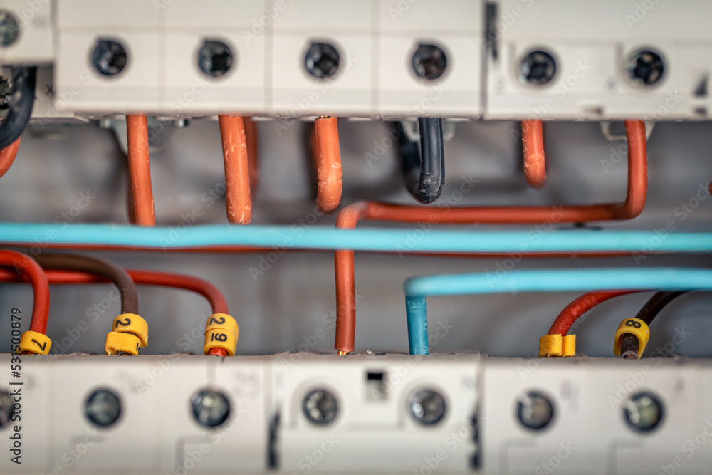 Electrical panel with fuses and contactors, close-up. Stock Photo ...