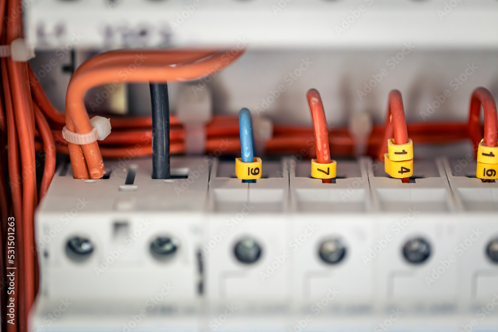 Electrical panel with fuses and contactors, close-up. Stock Photo ...