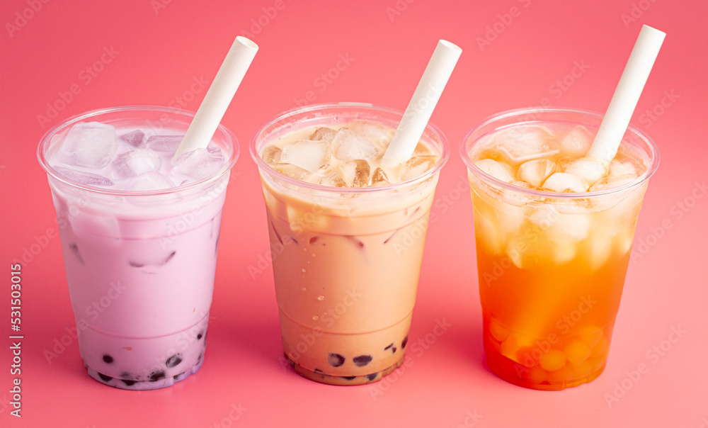 Three Different Types of Boba Tea on a Bright Pink Background Stock ...