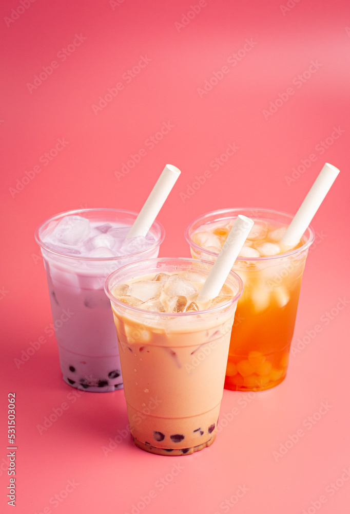 Three Different Types of Boba Tea on a Bright Pink Background Stock ...